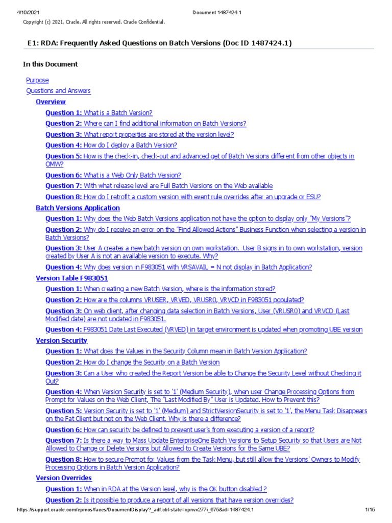 Frequently Asked Questions On Batch Versions - Document 1487424.1 | PDF ...