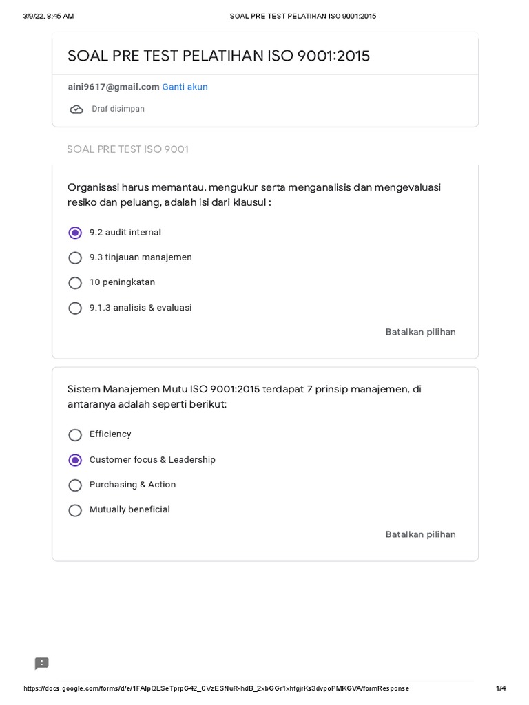 Soal Pre Test Pelatihan Iso 9001 - 2015 | PDF