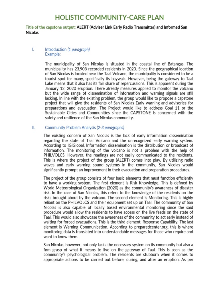 Holistic Community-Care Plan: I. Introduction (1 Paragraph) Example ...