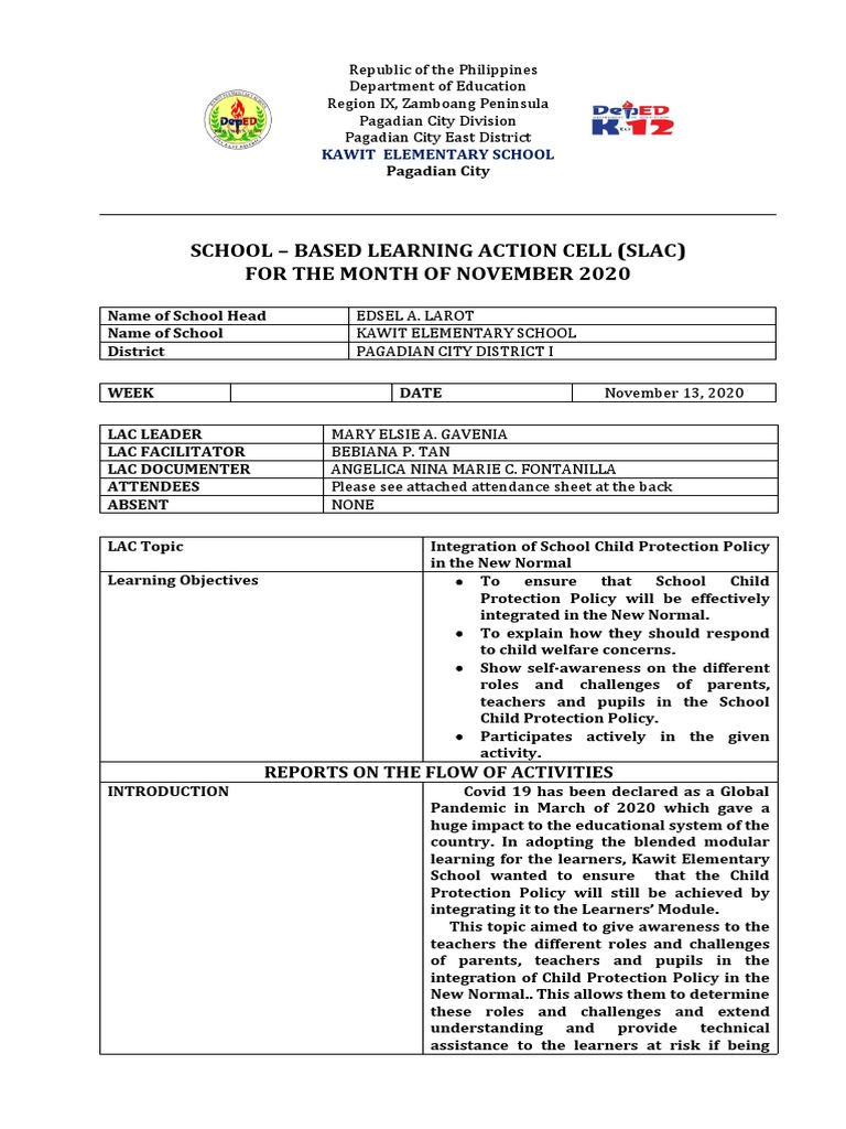 School - Based Learning Action Cell (Slac) For The Month of November 2020 | PDF | Learning ...