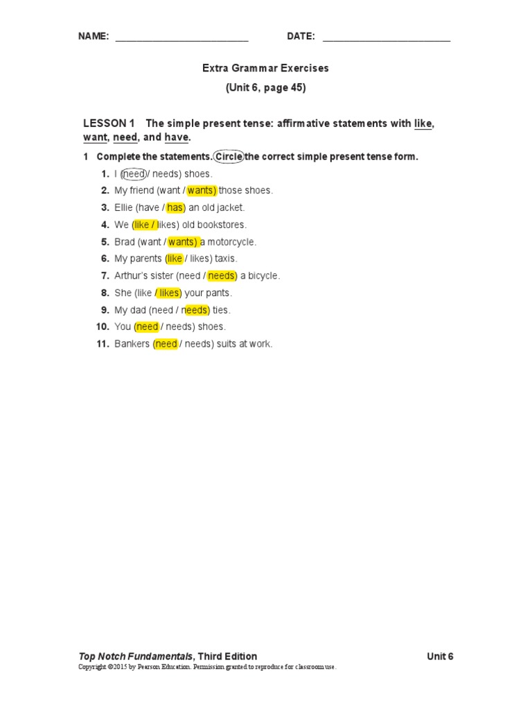 Extra Grammar Exercises (Unit 6, Page 45) : Top Notch Fundamentals, Third Edition | PDF ...