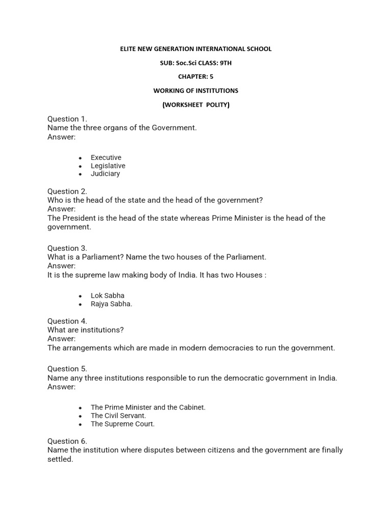 SST 9th Worksheet of WORKING OF INSTITUTIONS WITH SOLUTIONS JAN 2022 ...