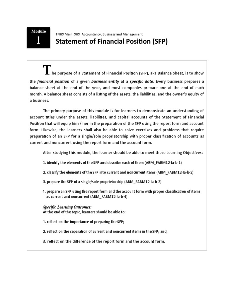 Statement of Financial Position (SFP) : TNHS Main - SHS - Accountancy ...