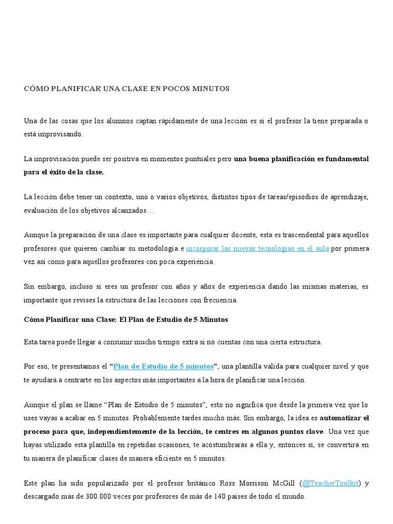 Cómo Planificar Una Clase en Pocos Minutos | PDF | Evaluación | Aprendizaje Cómo Planificar Una Clase en Pocos Minutos | PDF | Evaluación | Aprendizaje