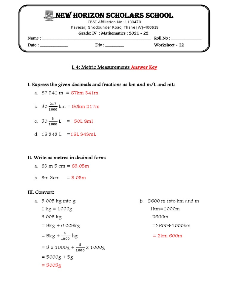 Metric Measurements Answer Key | PDF | Length | Units Of Measurement