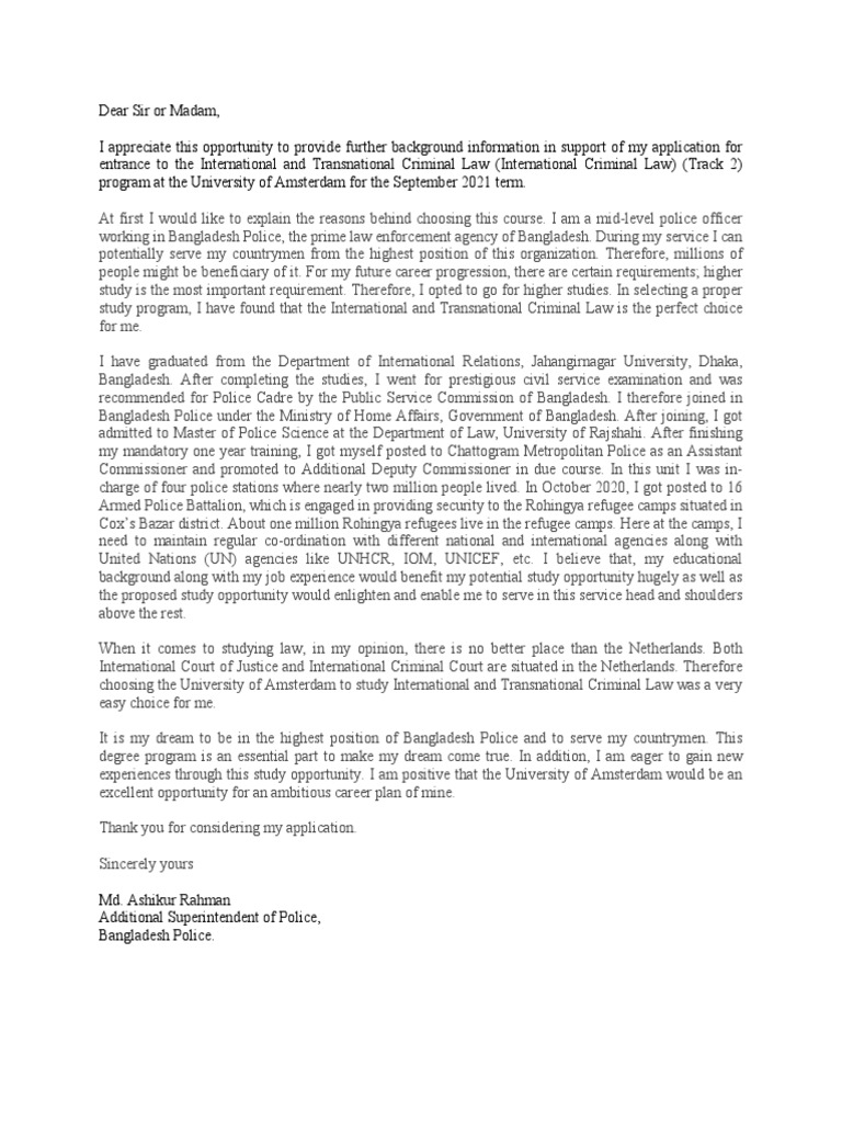 Motivation Letter For University of Amsterdam | PDF | Police | Bangladesh