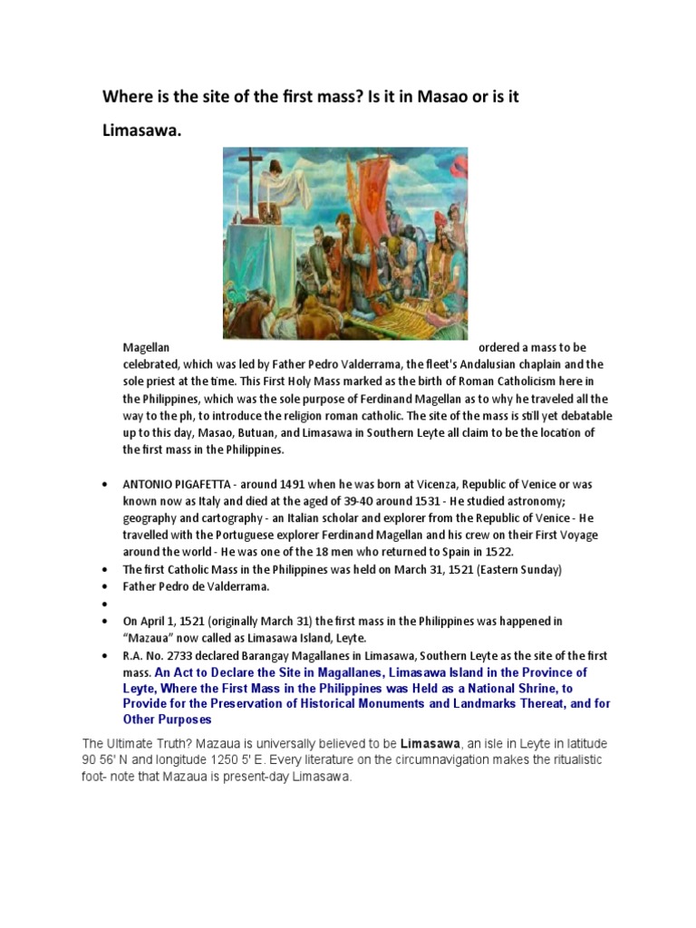 Where Is The Site of The First Mass? Is It in Masao or Is It Limasawa | PDF