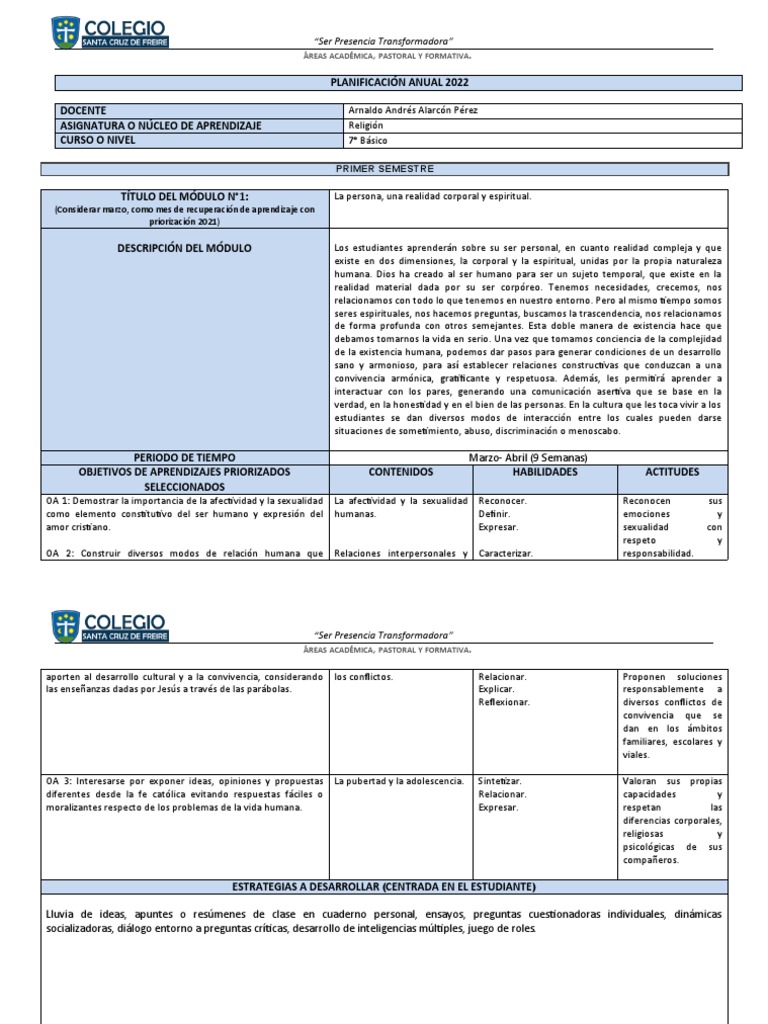 7° Básico. Planificación Anual 2022. | PDF | Amor | Aprendizaje