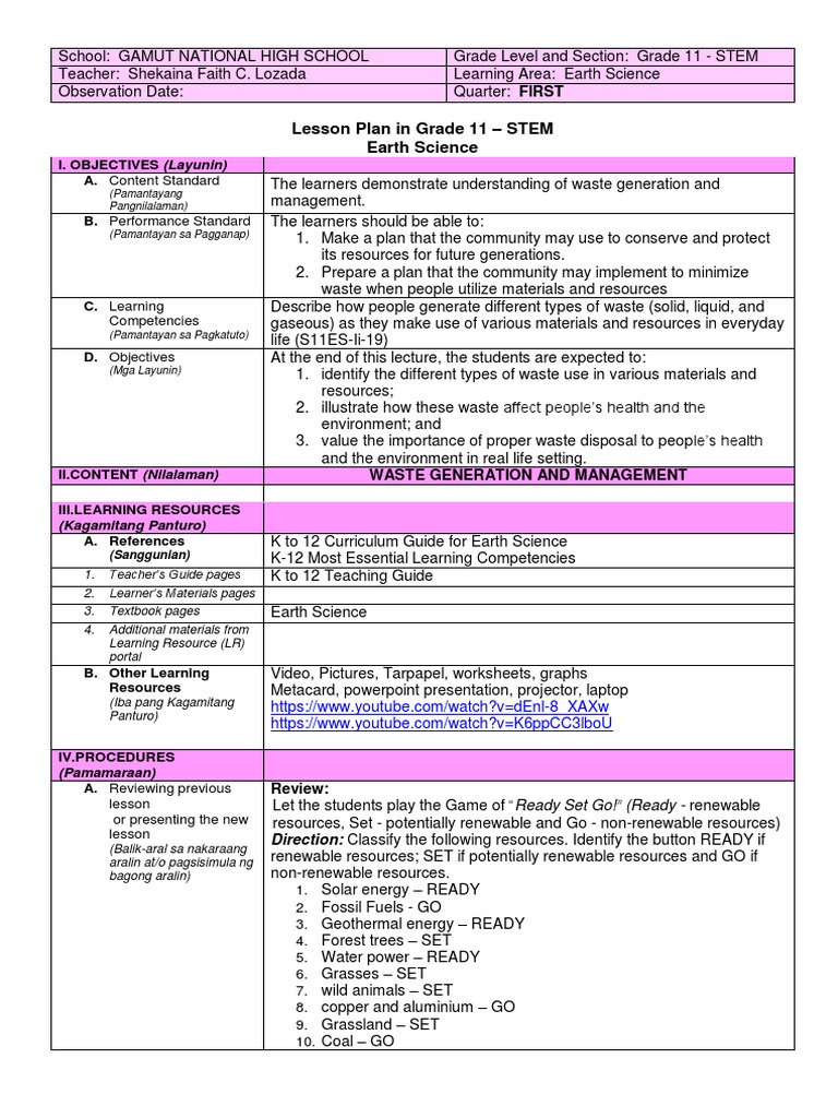 Lesson Plan in Grade 11 - Stem Earth Science: I. OBJECTIVES (Layunin) A. Content Standard | PDF ...