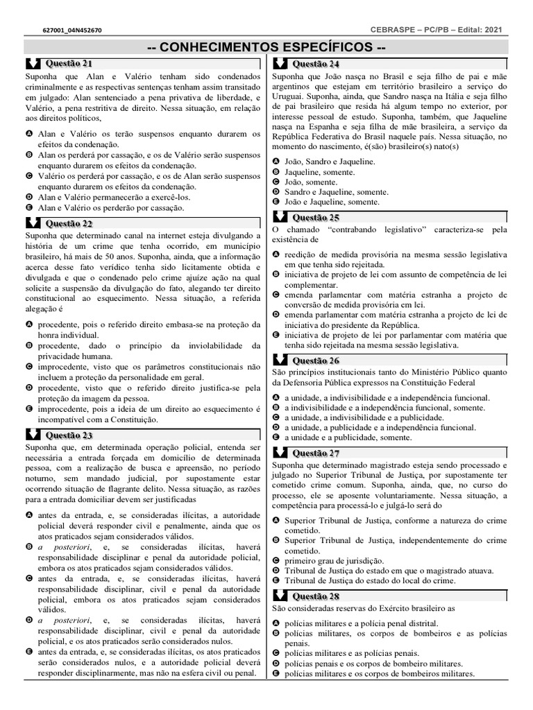 Prova Objetiva - PCPB 2022 | PDF | Crimes | Crime e Violência