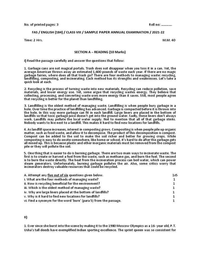 Sample Paper Annual: Fas / English (184) / Class Viii / EXAMINATION ...