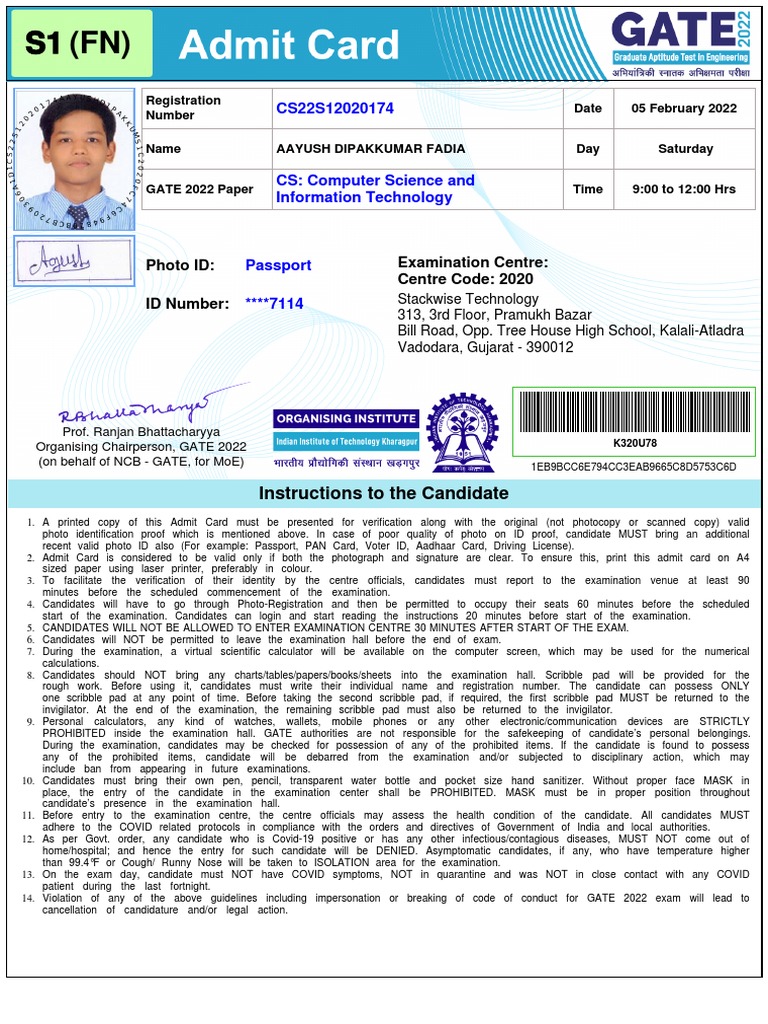 Examination Centre: Centre Code: 2020 ID Number: Photo ID ...