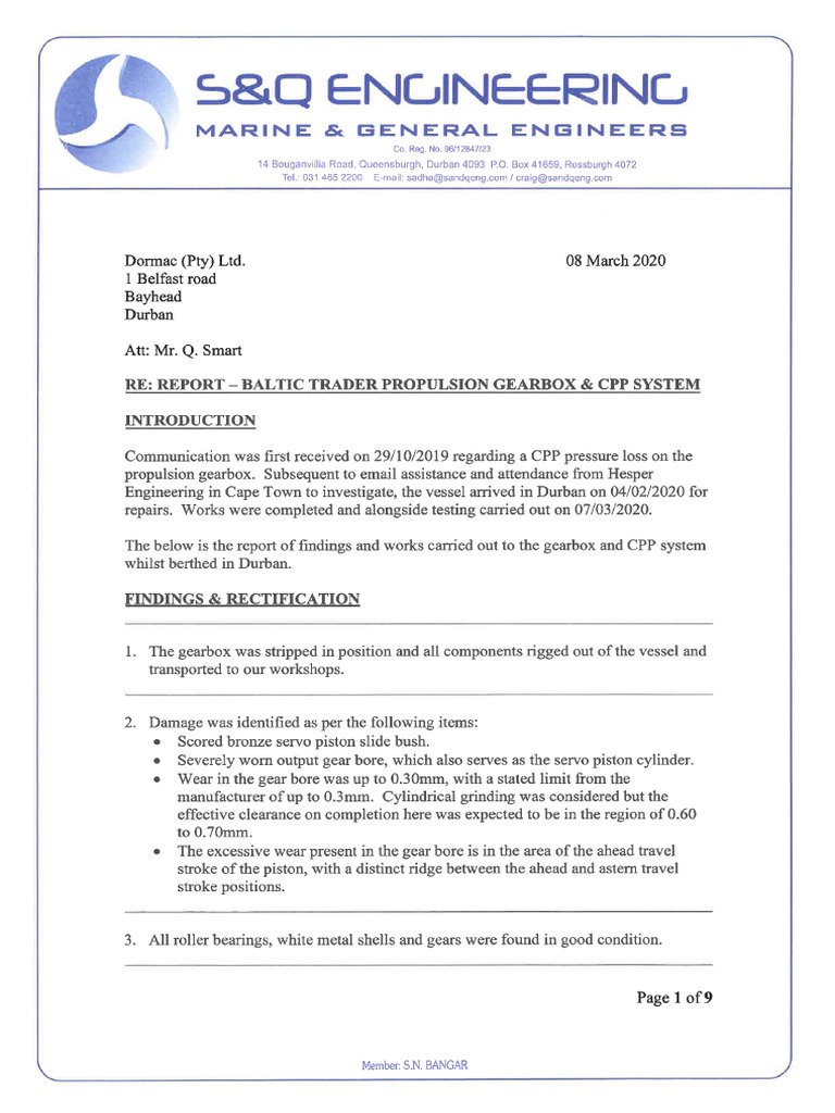 Gearbox and CPP Report - S&Q Engineering - March 2020 | PDF
