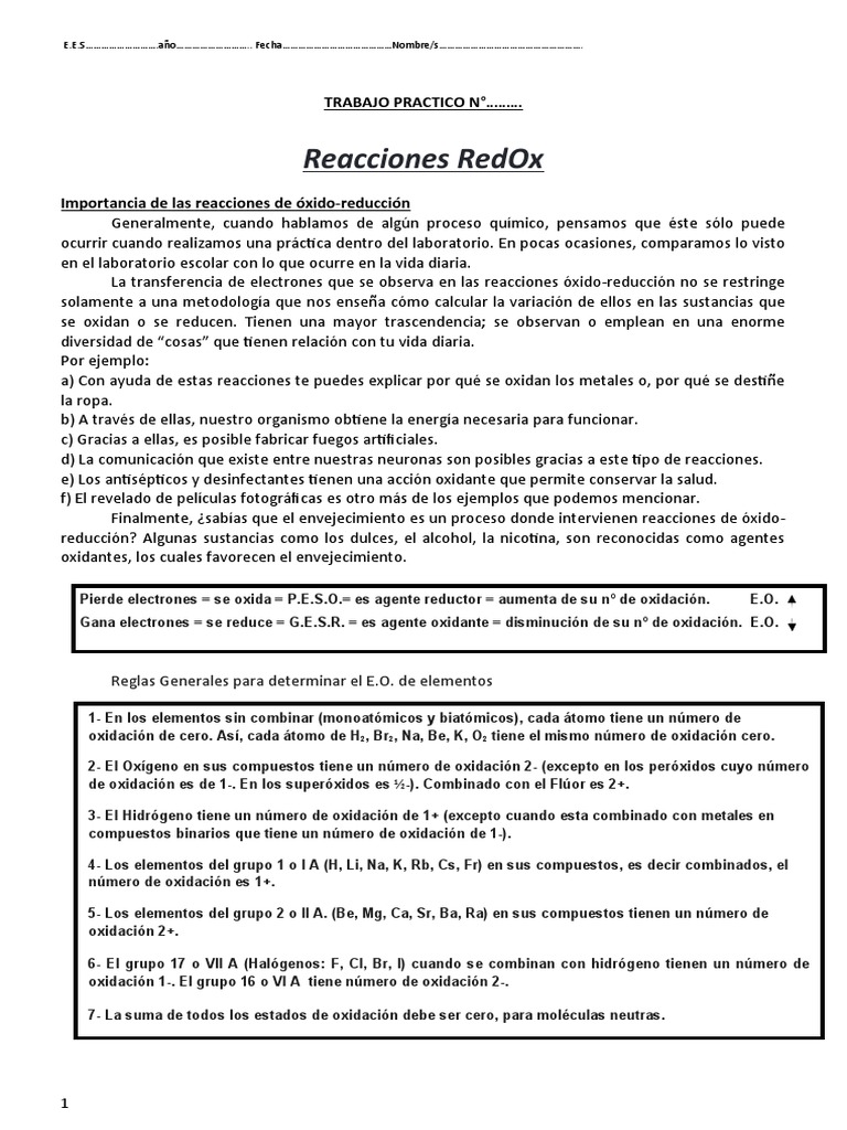 Reacciones Redox: Trabajo Practico N° | PDF