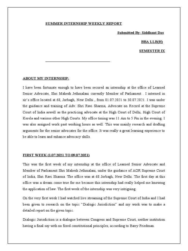 Summer Internship Weekly Report Submitted By-Siddhant Das Bba LLB (H ...