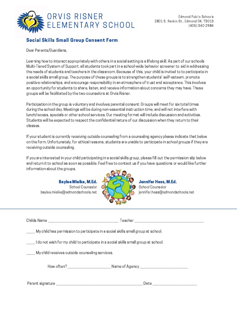 Social Skills Group Consent Form | PDF | School Counselor | Social Skills