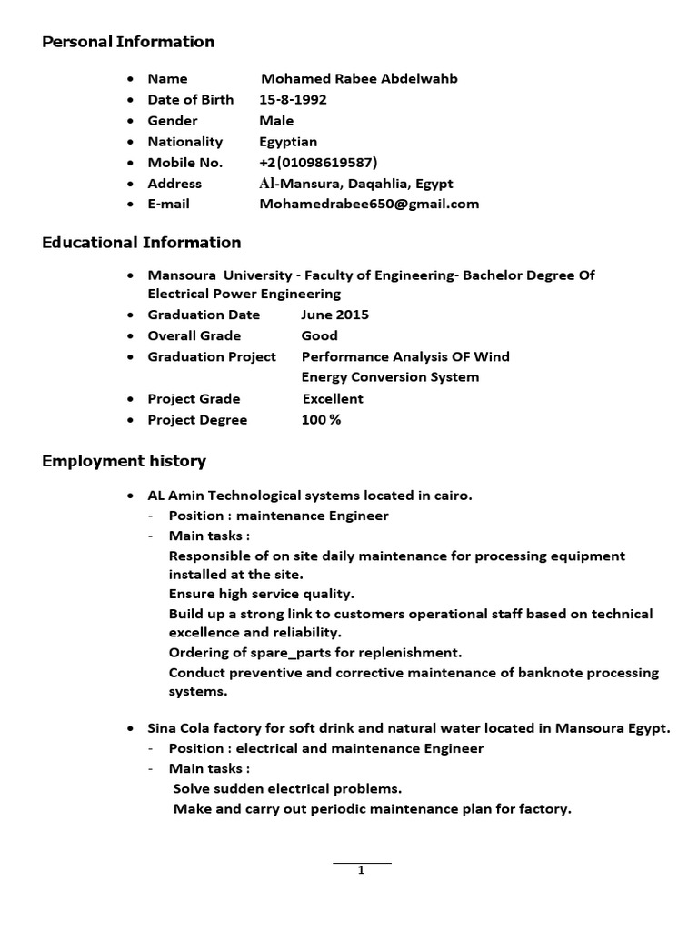 Mohamed Rabee Electrical Engineer CV | PDF | Egypt | Engineer