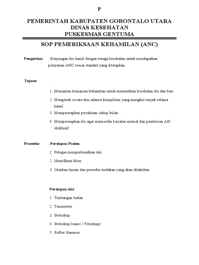 SOP Pemeriksaan Kehamilan (ANC) Gorontalo | PDF
