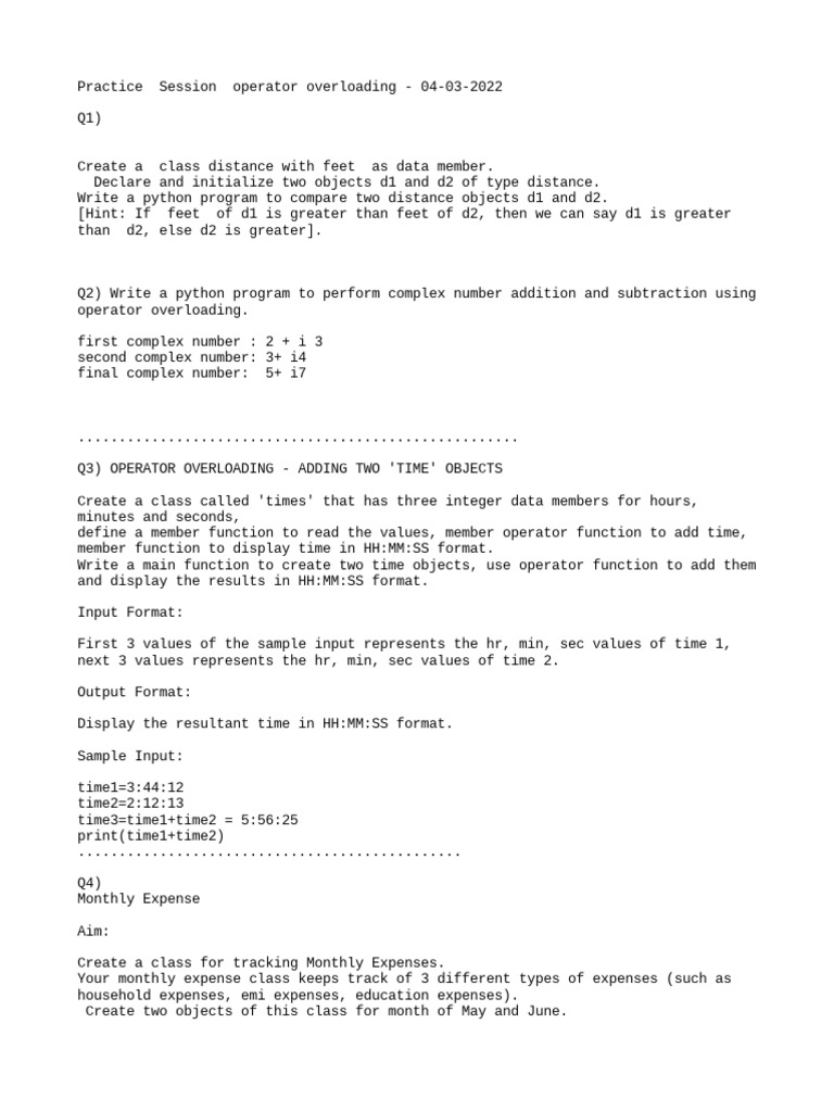 Operator Overloading Practice Questions | PDF | Programming Paradigms | Software Development