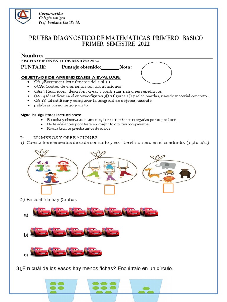 Prueba de Diagnostico Matematicas Primero Basico 2022 | PDF