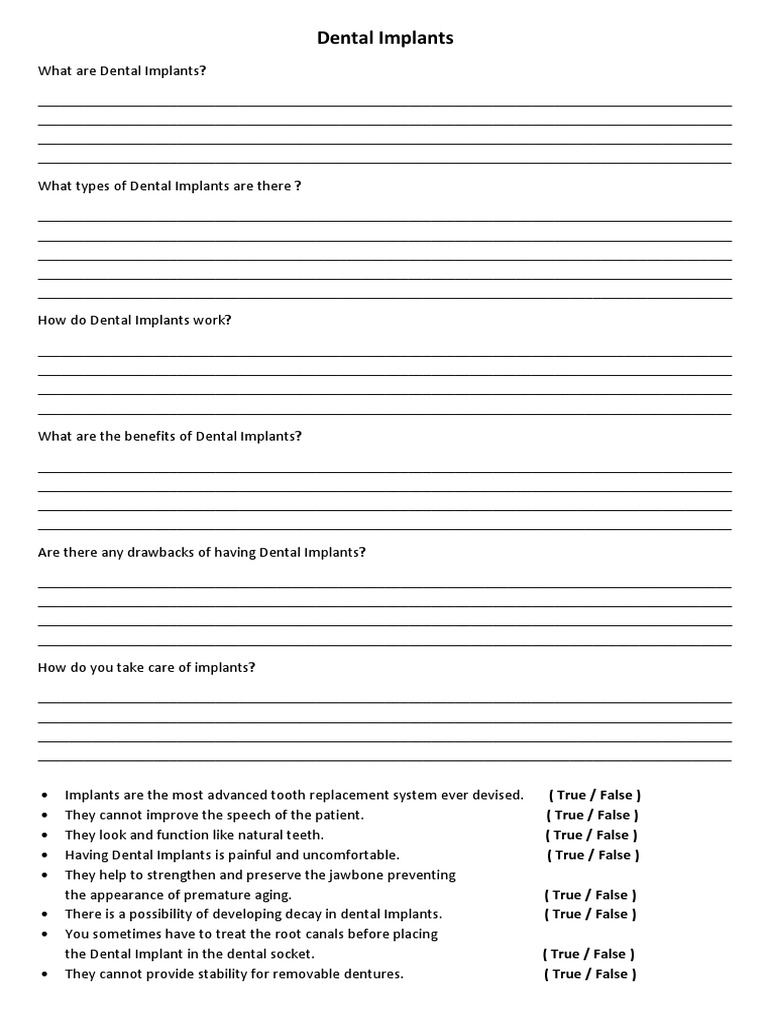 Dental Implants Worksheet | PDF | Dental Implant | Clinical Medicine