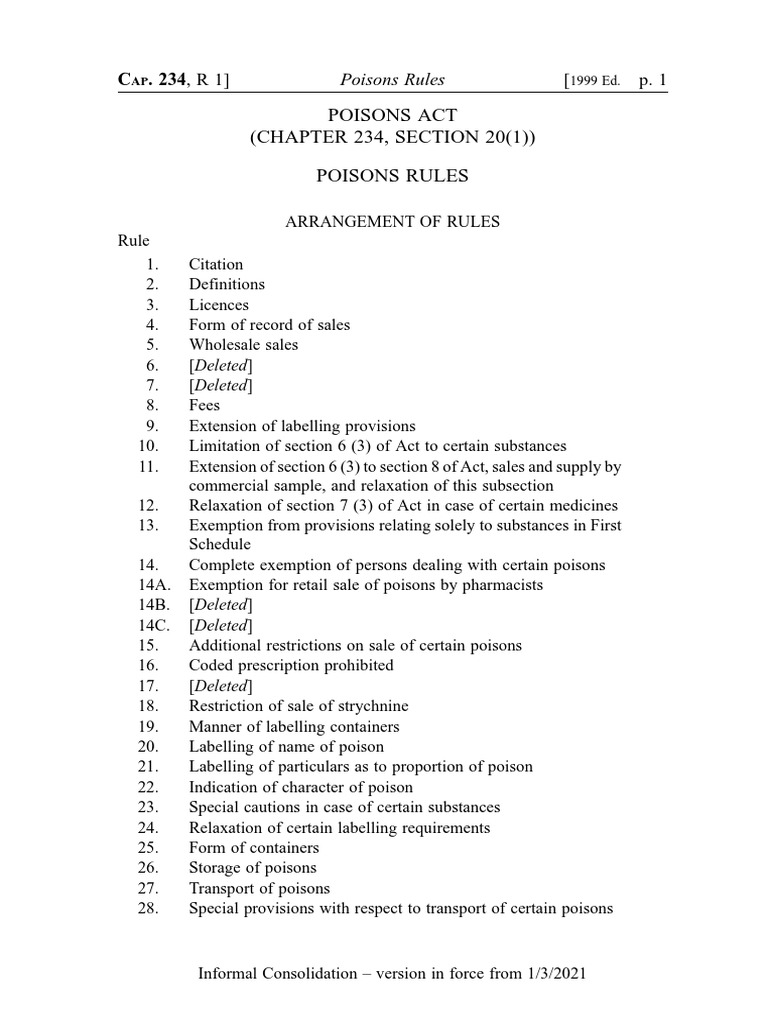 Poisons Act (CHAPTER 234, SECTION 20 (1) ) Poisons Rules | PDF ...