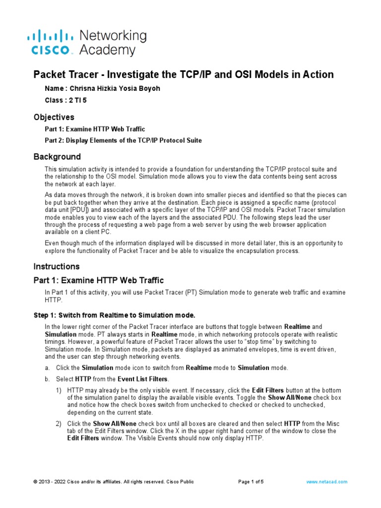 Packet Tracer - Investigate The TCP/IP and OSI Models in Action | PDF ...