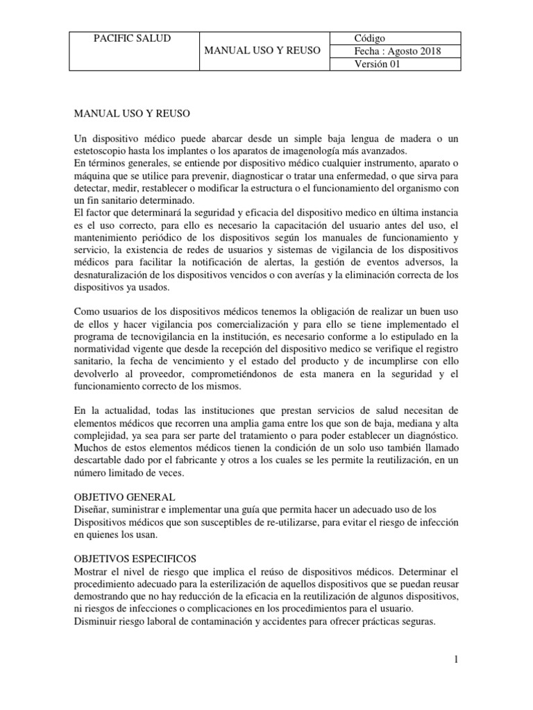 Manual Uso y Reuso | PDF | Medicina | Dispositivo médico