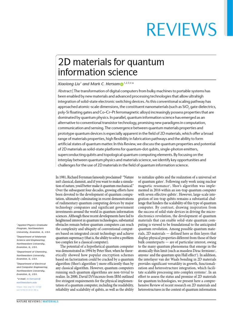 Reviews: 2D Materials For Quantum Information Science | PDF | Graphene ...