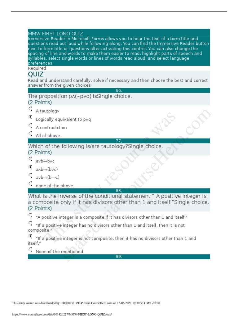 MMW First Long Quiz Overview | PDF