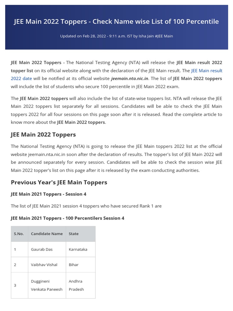 JEE Main 2022 Toppers - Check Name Wise List of 100 Percentile | PDF ...