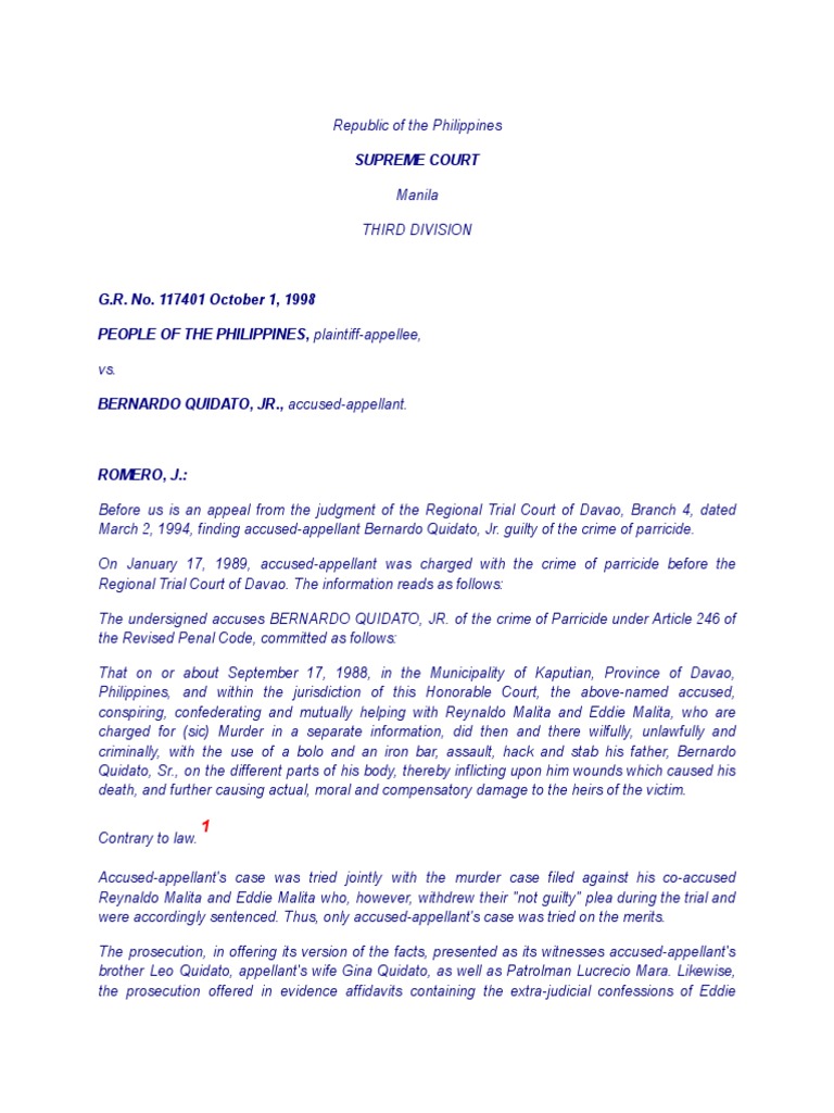 Parricide Conviction Appeal: Quidato Case | PDF | Hearsay | Confession ...