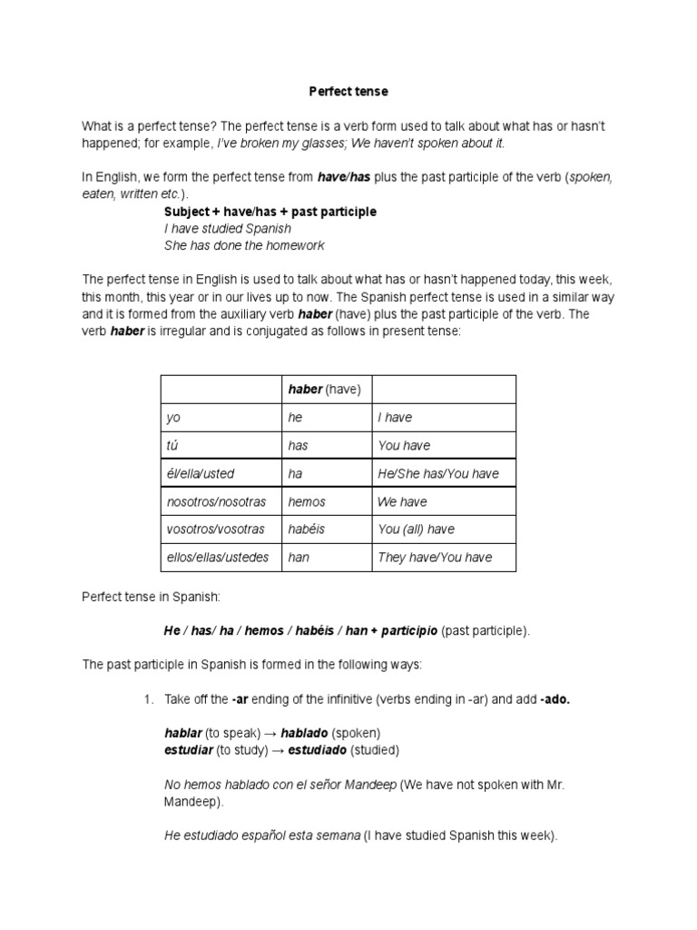 Perfect Tense: Haber (Have) | PDF | Perfect (Grammar) | Grammatical Tense
