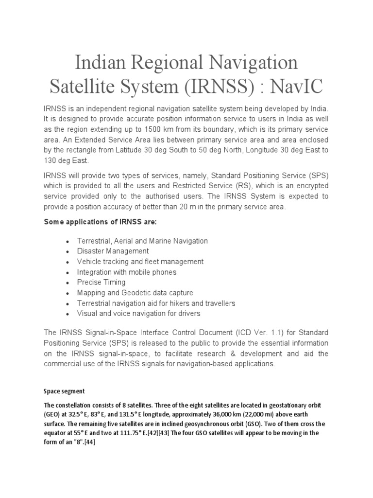 Indian Regional Navigation Satellite System (Irnss) : Navic: Some ...