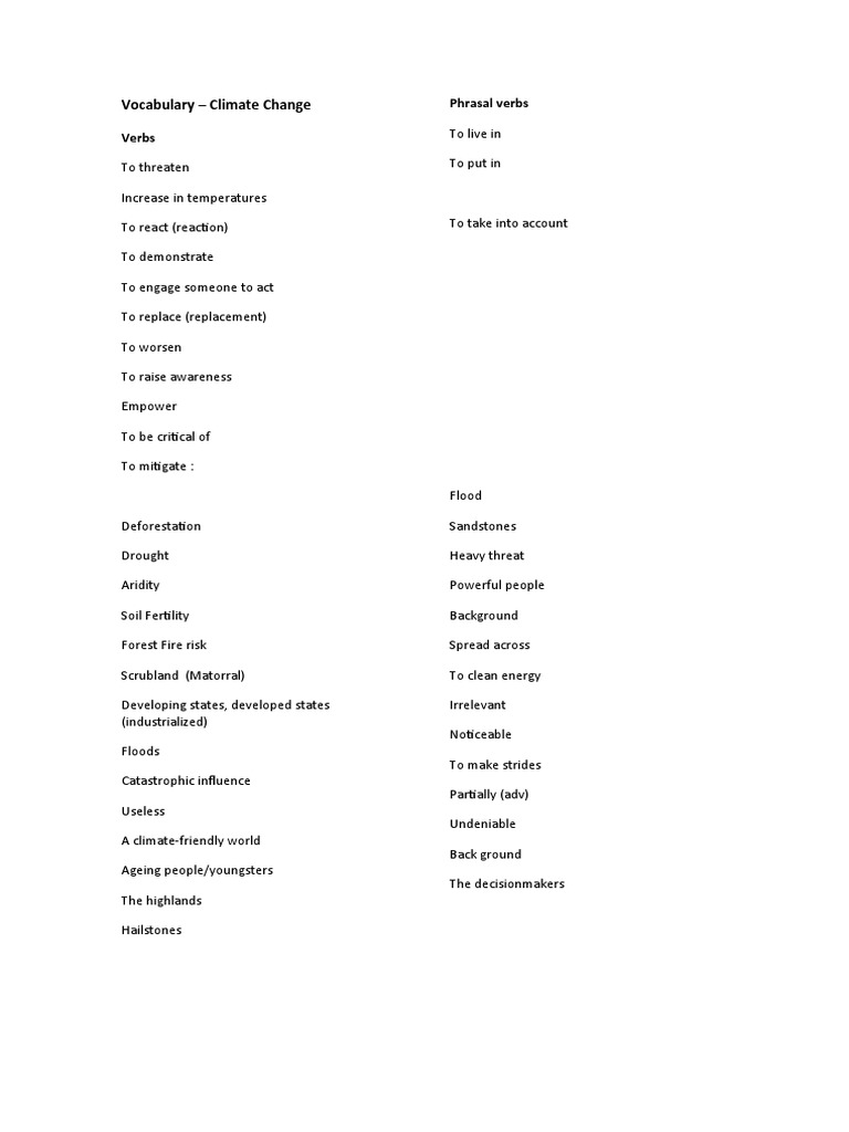 Vocabulary - Climate Change: Verbs Phrasal Verbs | PDF
