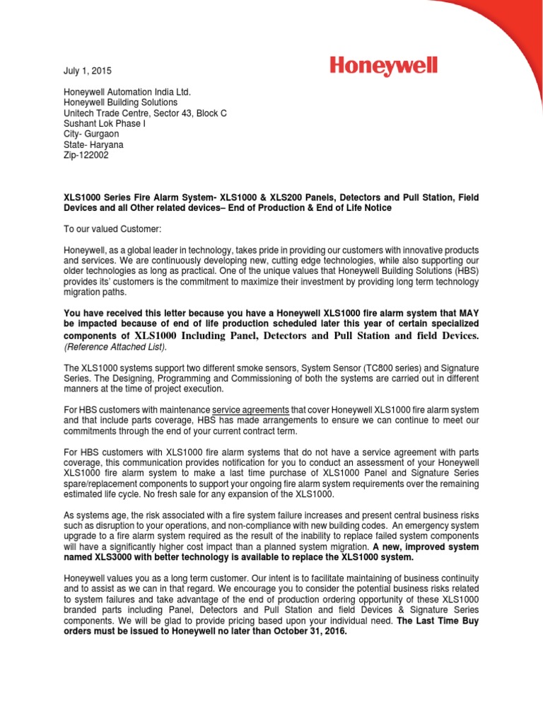 XLS1000 FAS End of Line Production Customer Letter | PDF