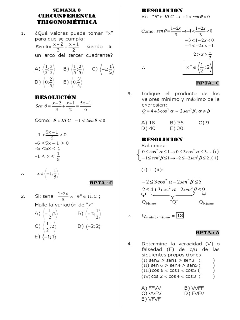 Trigo Semana 8 Ejercicios | PDF | Trigonometría | Combinatoria