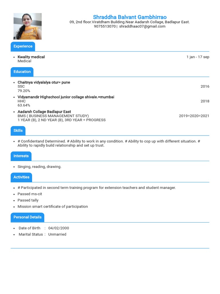 Shraddha Balvant Gambhirrao: Experience Kwality Medical | PDF