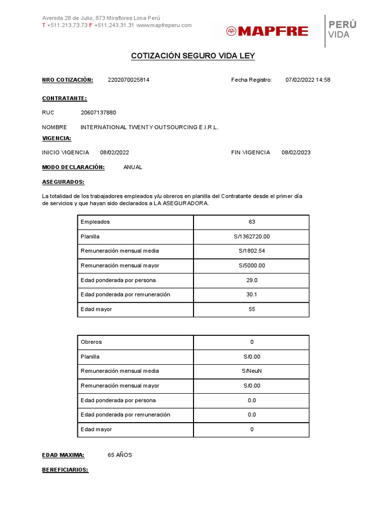 Vida - Ley - Cotizacion International Twenty Outsourcing E.I.R.L. - Mapfre | PDF | Póliza de ...