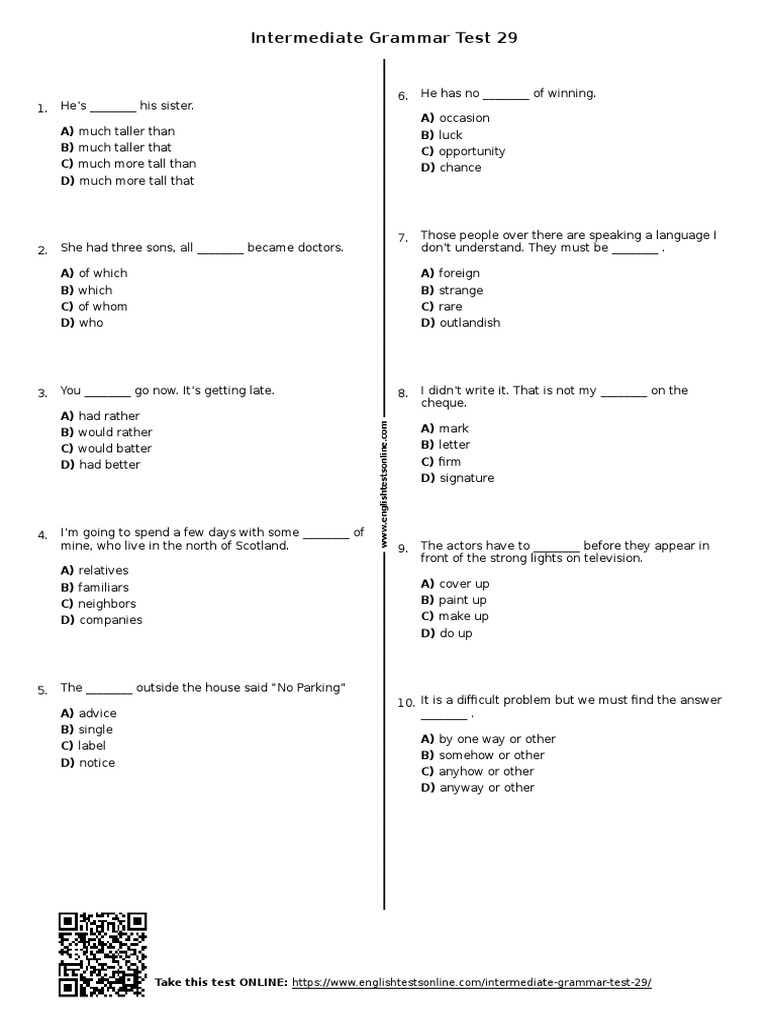 Intermediate Grammar Test 29 | PDF