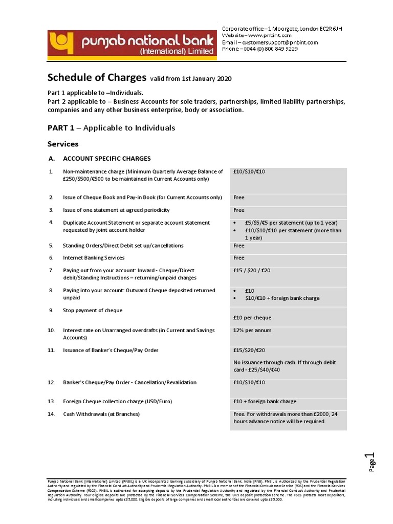 Schedule of Charges: Document Outlining Fees and Service Charges for ...