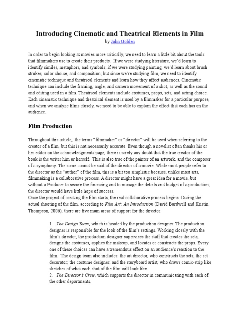 Introducing Cinematic and Theatrical Elements in Film | PDF | Close Up ...
