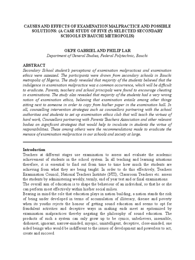 Causes and Effects of Examination Malpractice and Possible Solutions ...