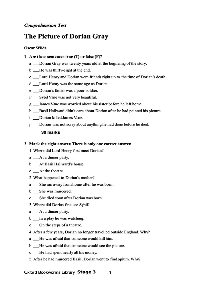 The Picture of Dorian Gray Comprehension Test | PDF | The Picture Of ...