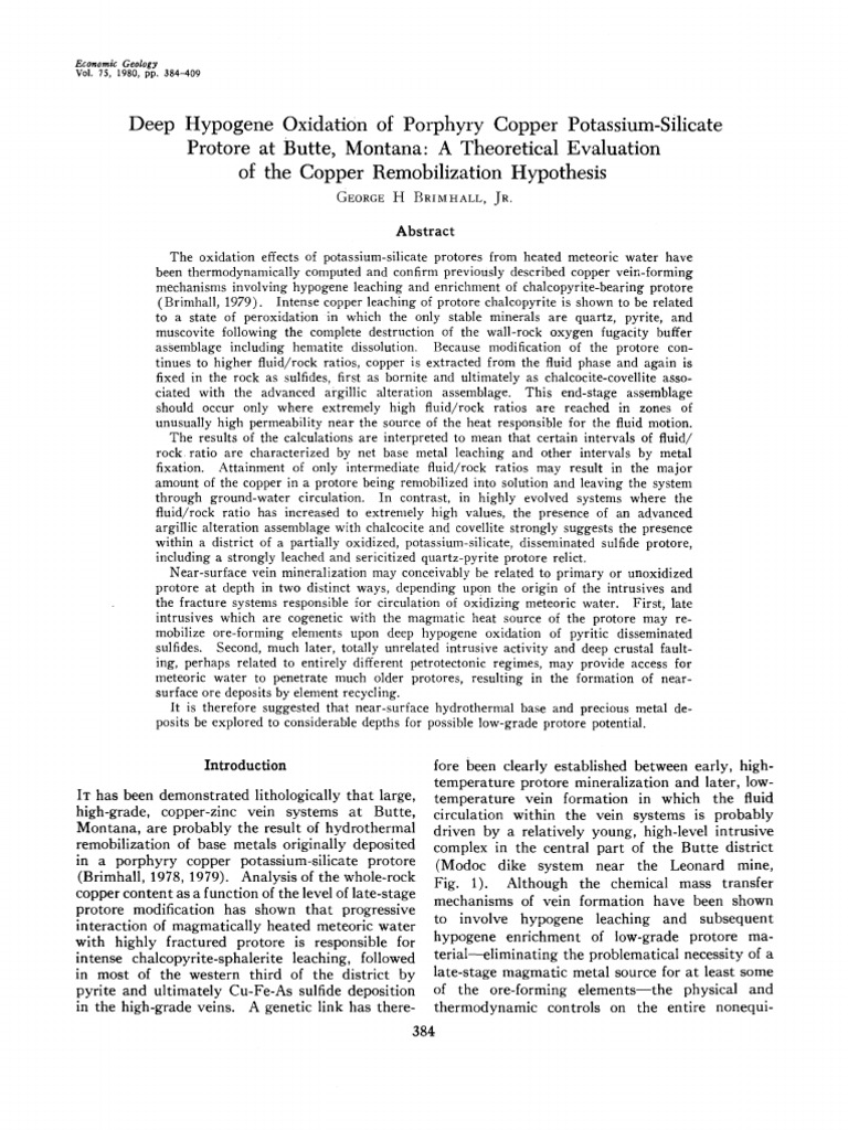 Brimhall, 1980 - Deep Hypogene Oxidation at Butte, Montana | PDF ...
