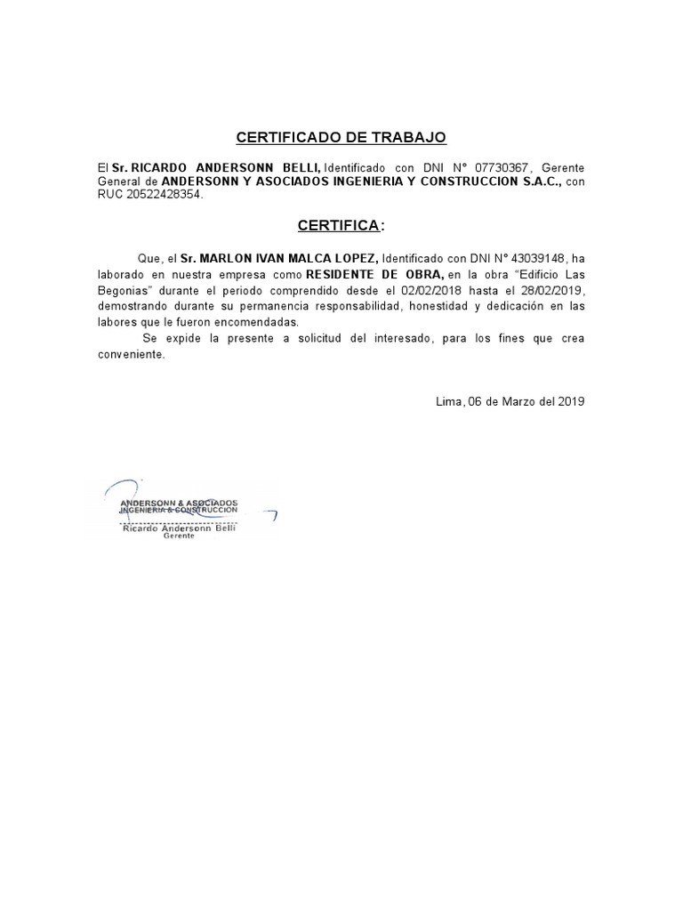 Certificado de Trabajo Residente de Obra | PDF Certificado de Trabajo Residente de Obra | PDF