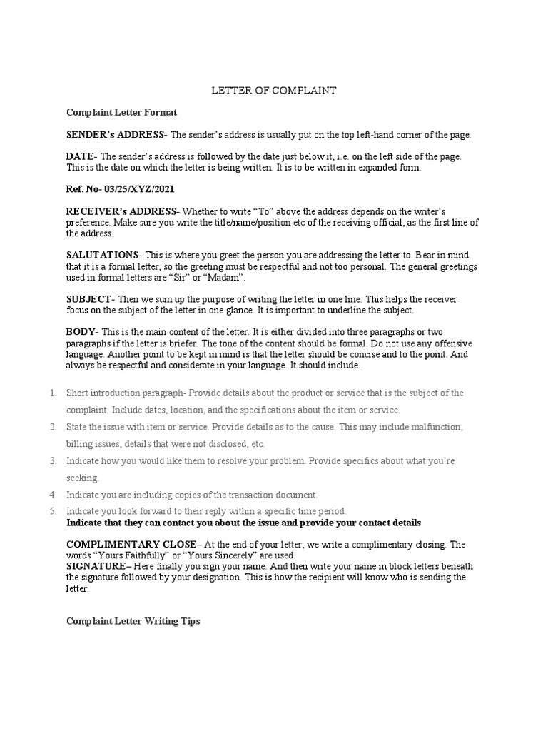 Format Of Letter Of Complaint