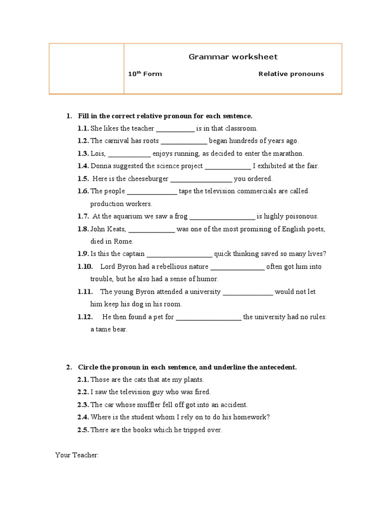 Grammar worksheet relative pronouns | PDF