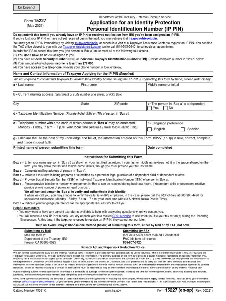 Application For An Identity Protection Personal Identification Number ...