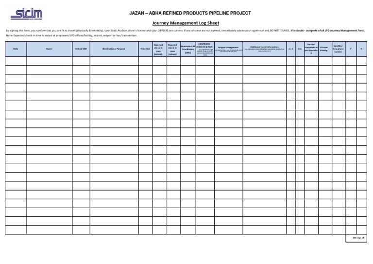 Journey Management Log Sheet: Jazan - Abha Refined Products Pipeline ...